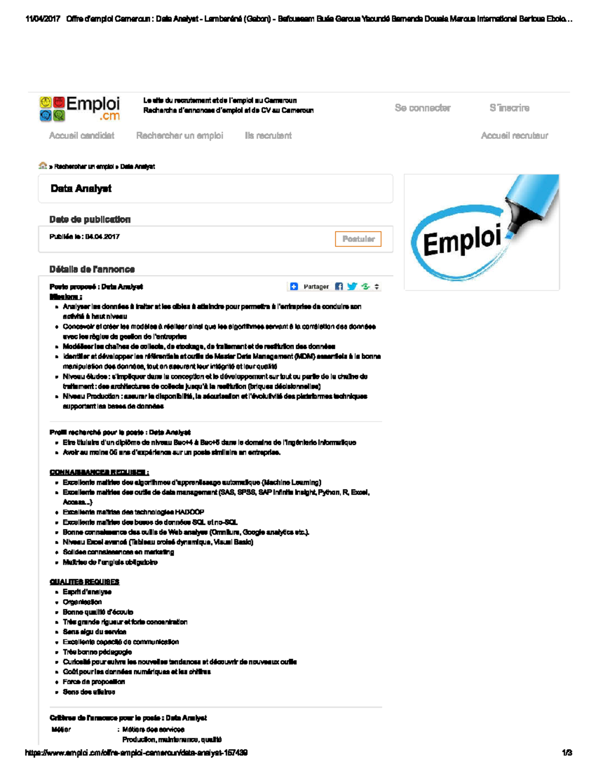 Offre d'emploi Cameroun Data Analyst - Sécurité Informatique - Studocu