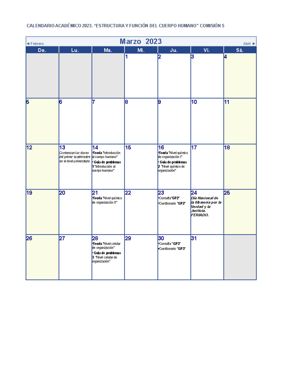 Cronograma Ey FCH Primer Cuatrimestre 2023 - CALENDARIO ACADÉMICO 2023 ...