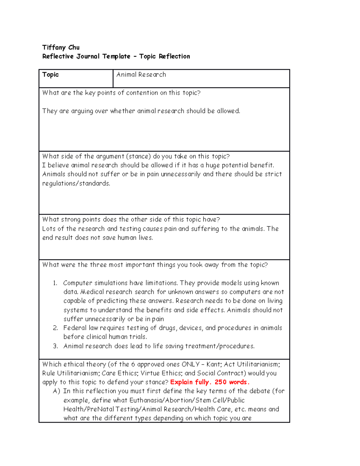 Animal Research Scenario - Tiffany Chu Reflective Journal Template ...