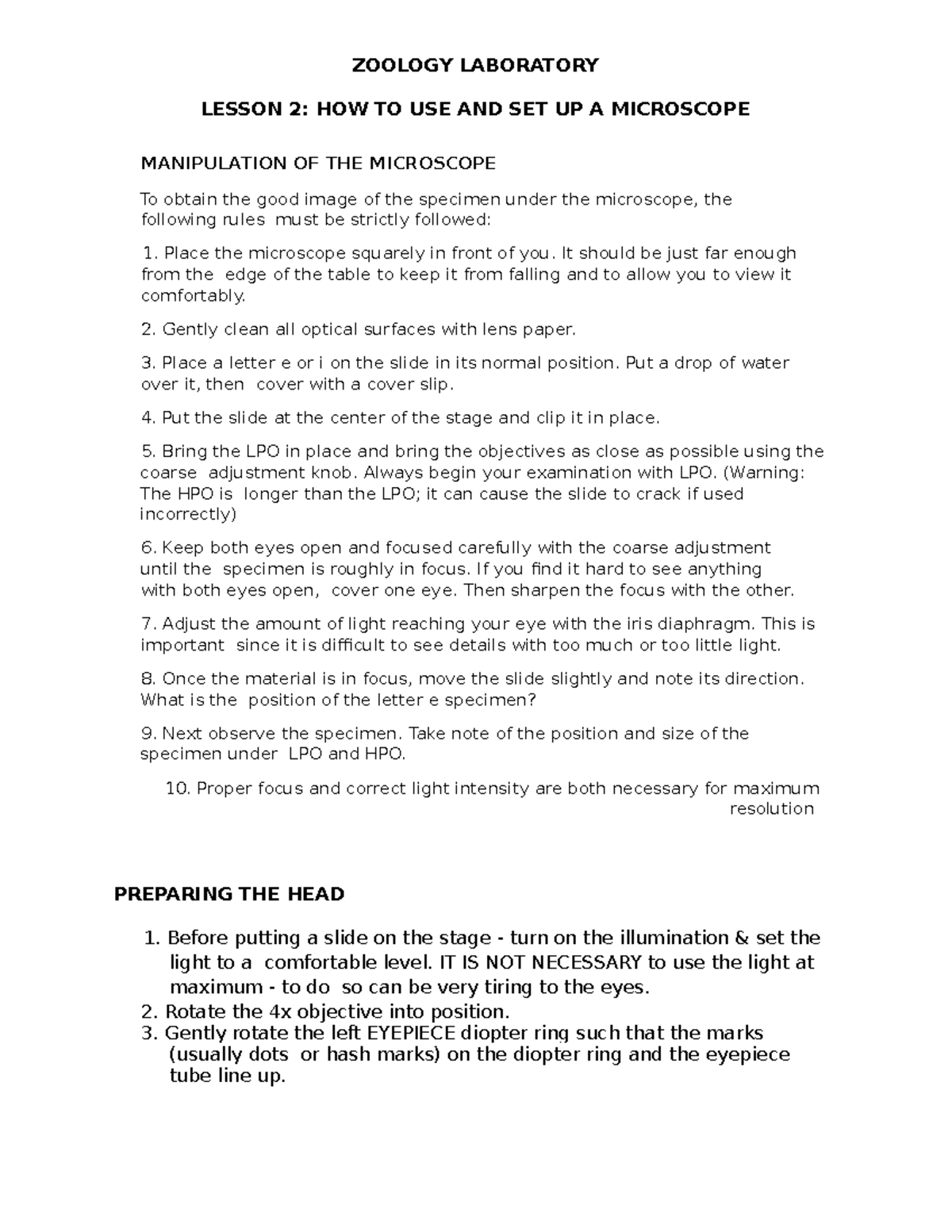 Lesson 2 - HOW TO USE AND SET UP THE Microscope - ZOOLOGY LABORATORY ...