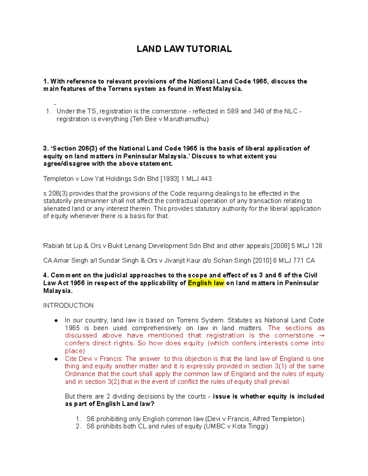 Land Tutorial - SEM I - Tutor LAnd Awal Sem - LAND LAW TUTORIAL With ...
