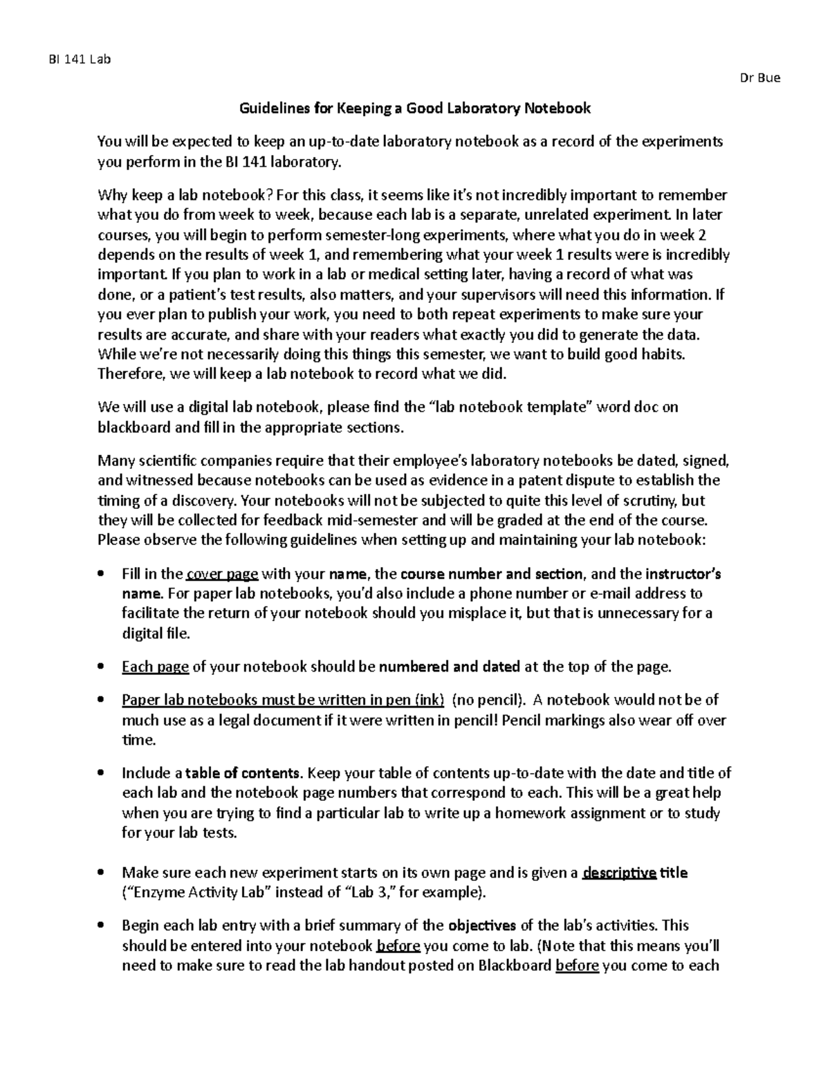 BI141 Digital Lab Notebook Guidelines - BI 141 Lab Dr Bue Guidelines ...