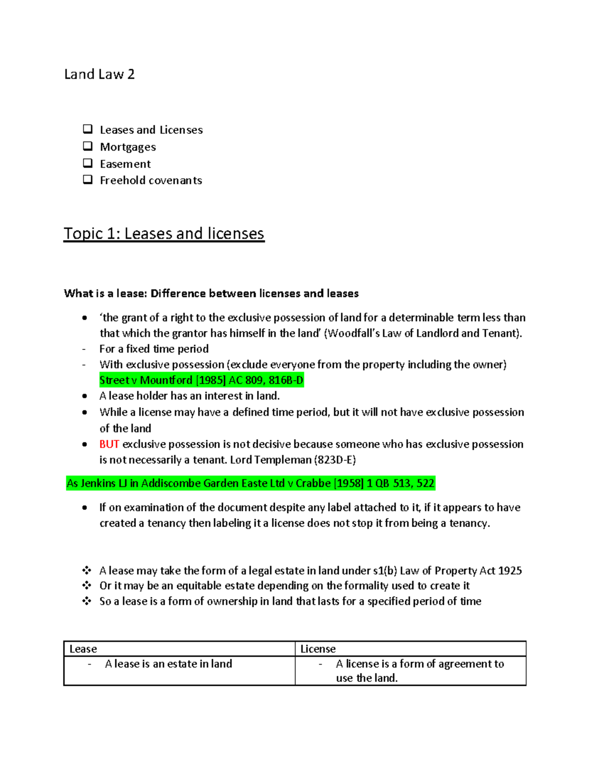 Land law 2 - Leases and License Mortgages Easement Freehold covenants ...