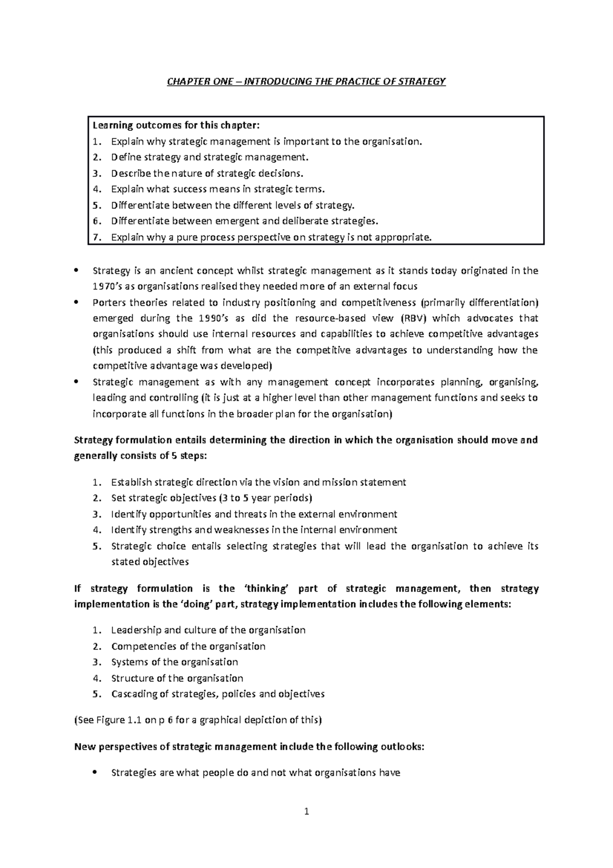 Notes Strategy Ch 1 - CHAPTER ONE – INTRODUCING THE PRACTICE OF ...