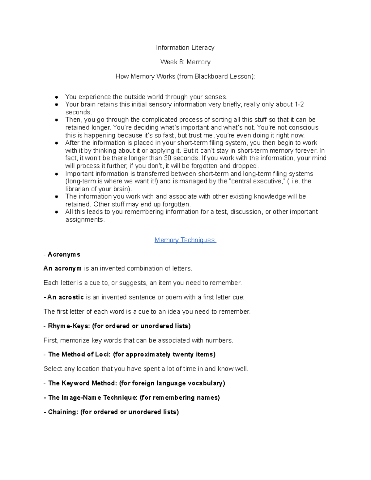 Information Literacy Week 6 (Notes) Memory - Information Literacy Week ...