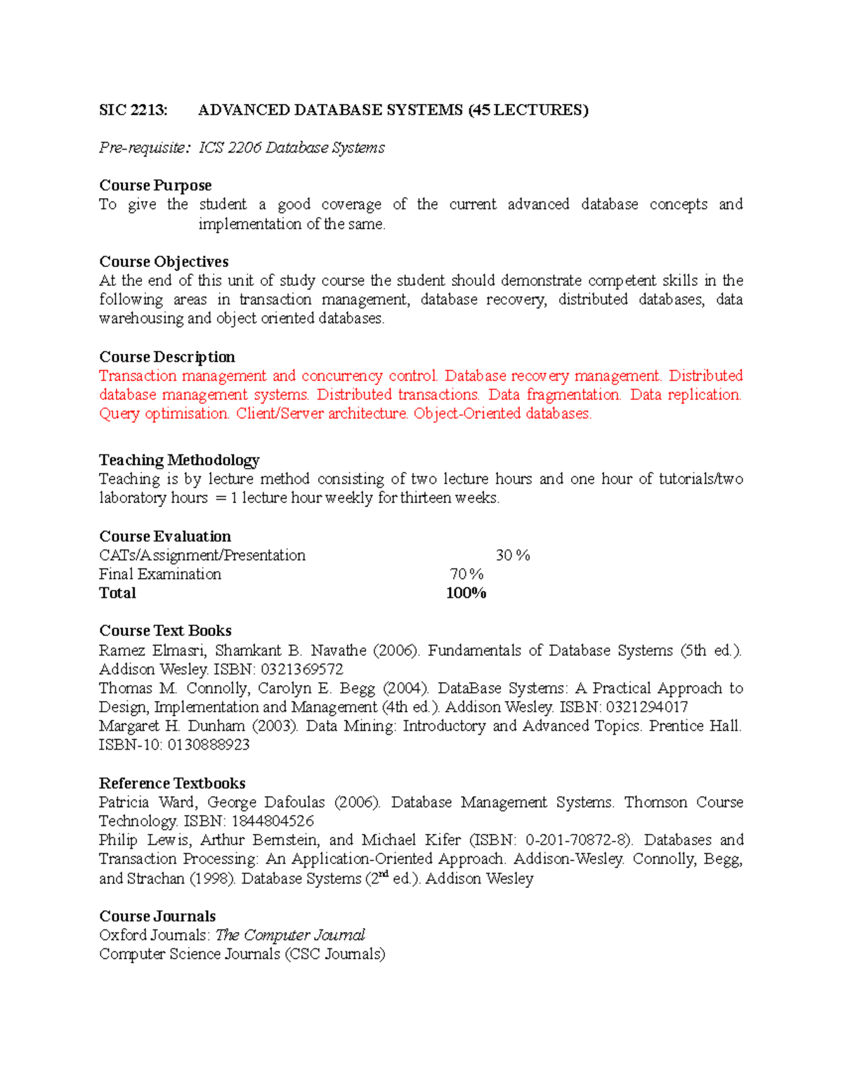 (lecture 1) SIC 2213- Advanced DBMS - SIC 2213: ADVANCED DATABASE SYSTEMS (45 LECTURES) - Studocu