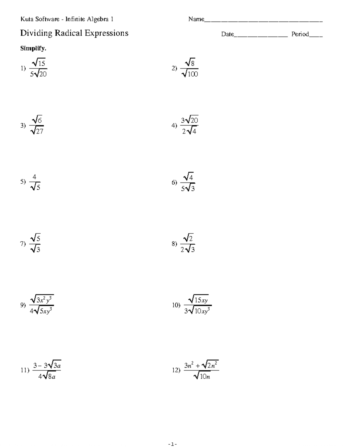 Dividing Radical Expressions - ©T X2G0C 1v2K bKB u gt T ai oS 2 off wt ...