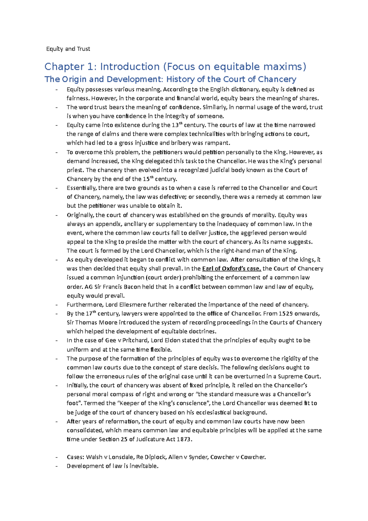 Equity and Trust Notes - Equity and Trust Chapter 1: Introduction ...