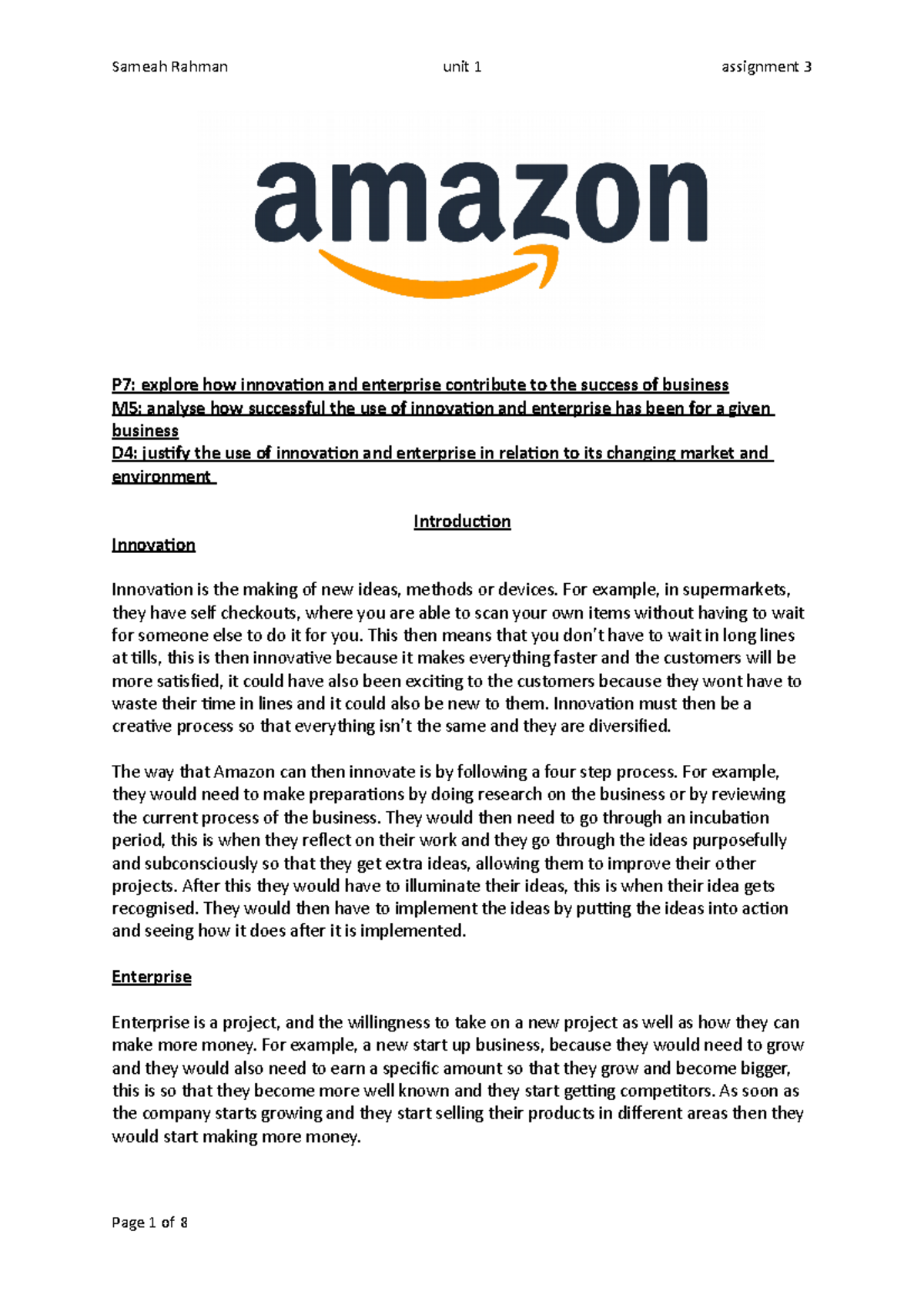 Unit 1 assignment 3 - P7: explore how innovation and enterprise ...