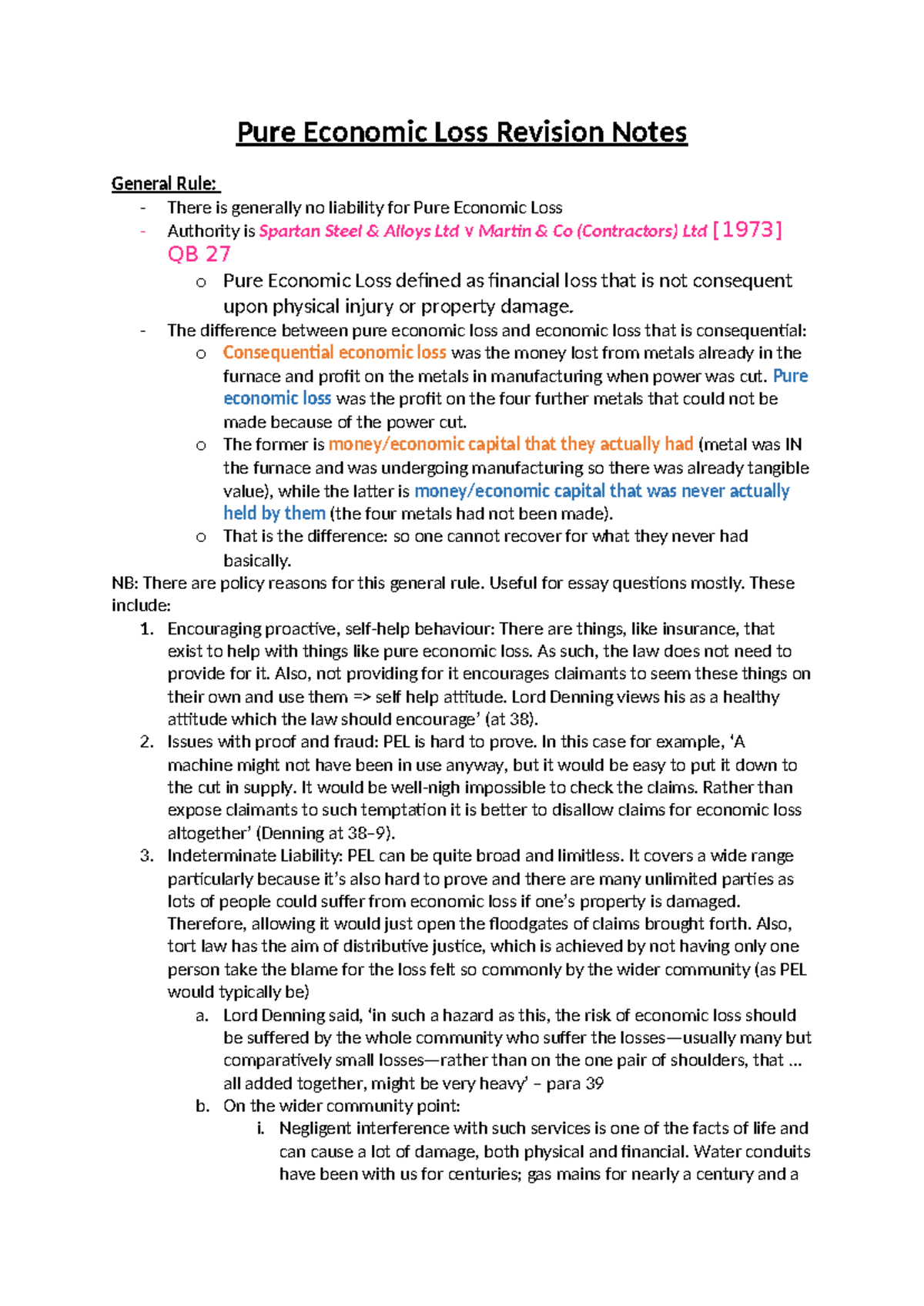 Pure Economic Loss Revision Notes - Pure Economic Loss Revision Notes ...