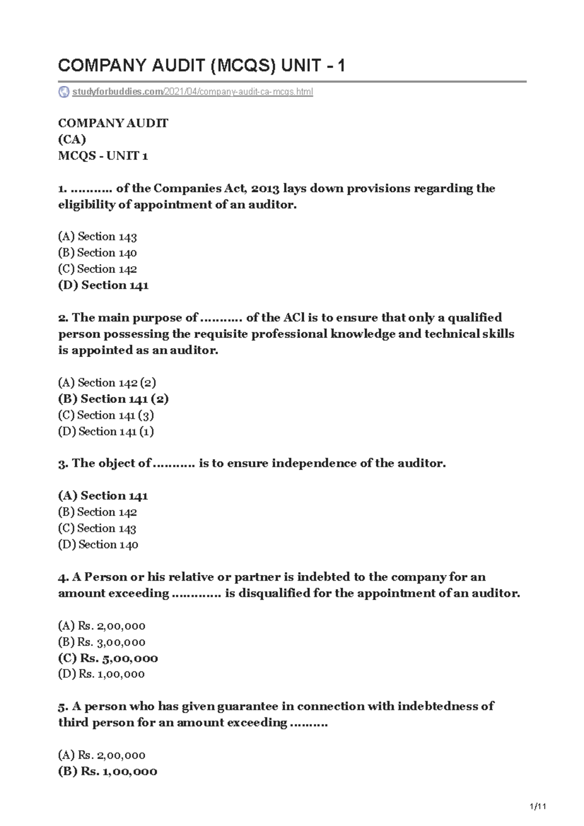 Company Audit MCQS UNIT - 1 - COMPANY AUDIT (MCQS) UNIT - 1 studyforbuddies - Studocu