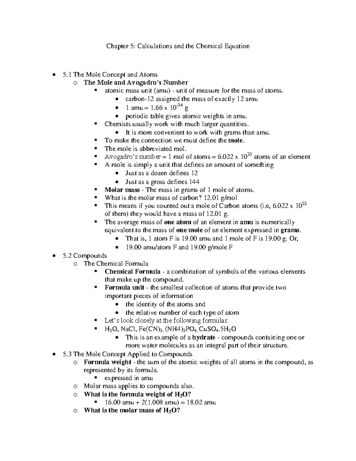 CHEM Chapter 5 Chemical Equation notes - Chapter 5: Calculations and ...