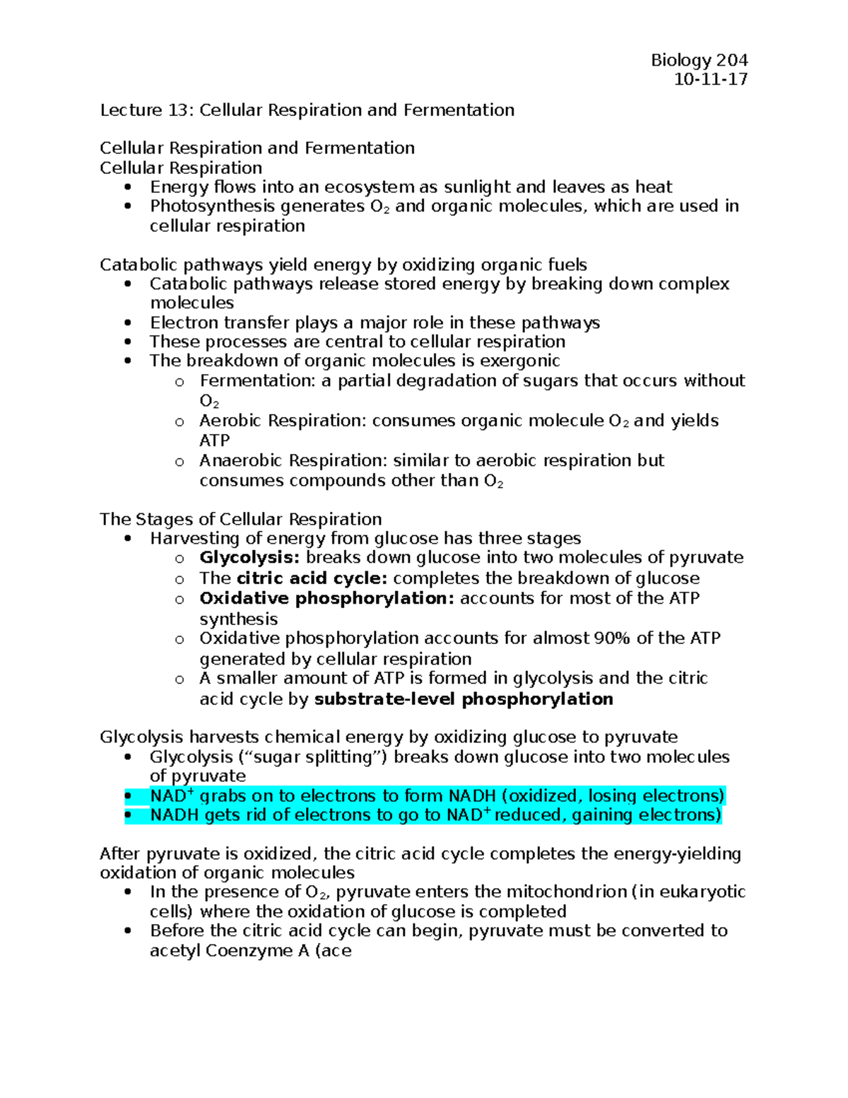 Lecture 13 - Biology 204 - Biology 204 Lecture 13: Cellular Respiration ...