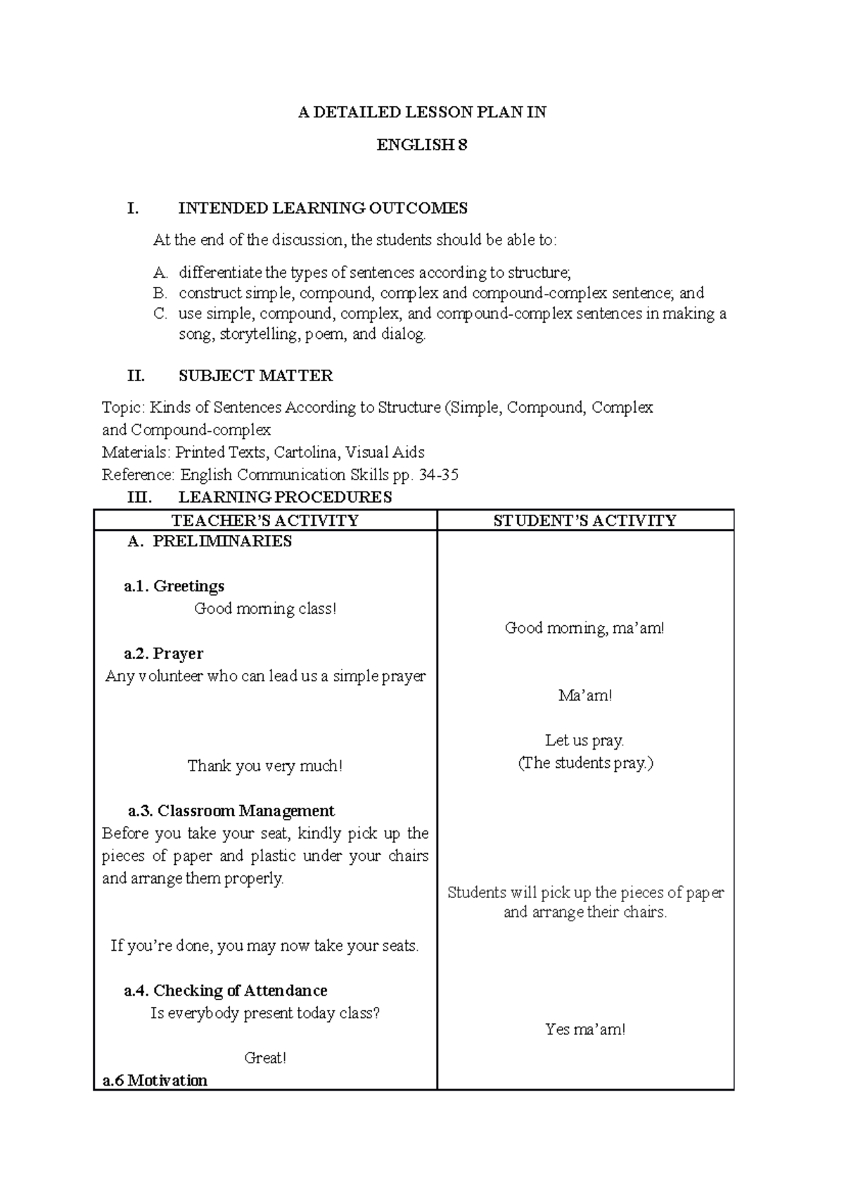 Dlp sentence structure - A DETAILED LESSON PLAN IN ENGLISH 8 I ...