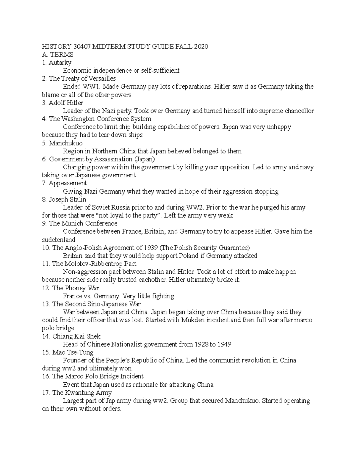 Midterm Study Guide - HISTORY 30407 MIDTERM STUDY GUIDE FALL 2020 A ...