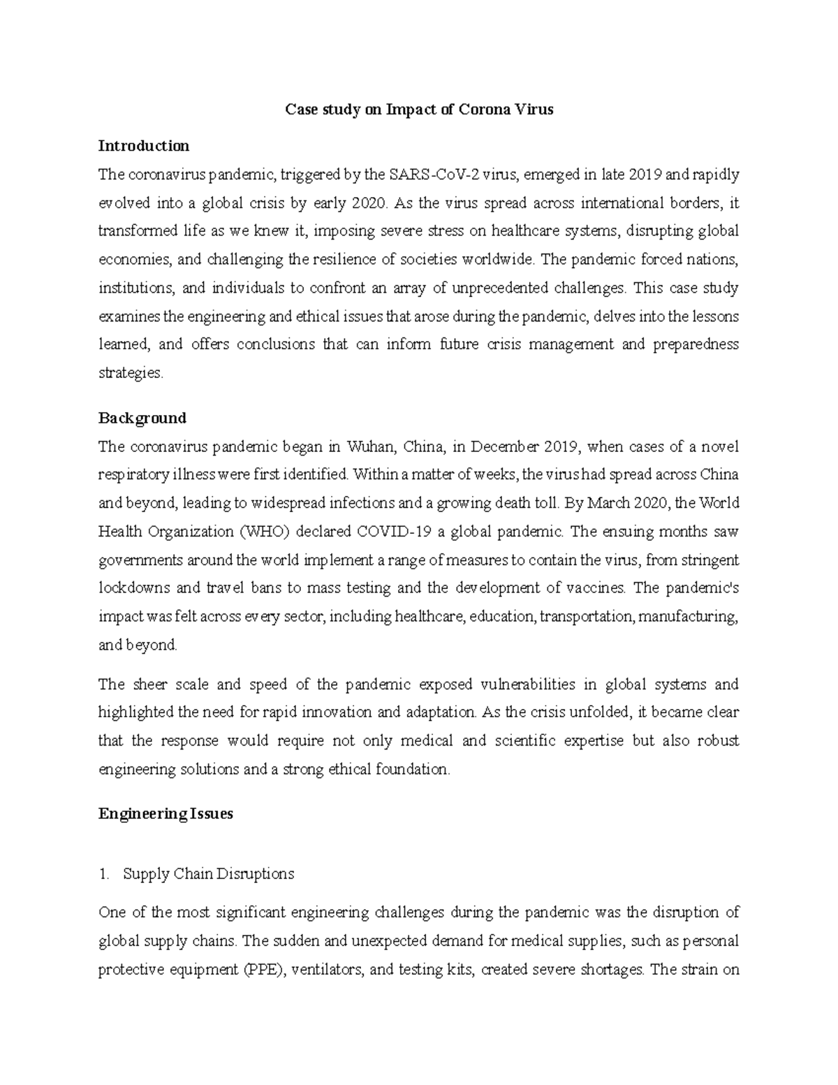 Assignment 1 - Case study on Impact of Corona Virus Introduction The ...