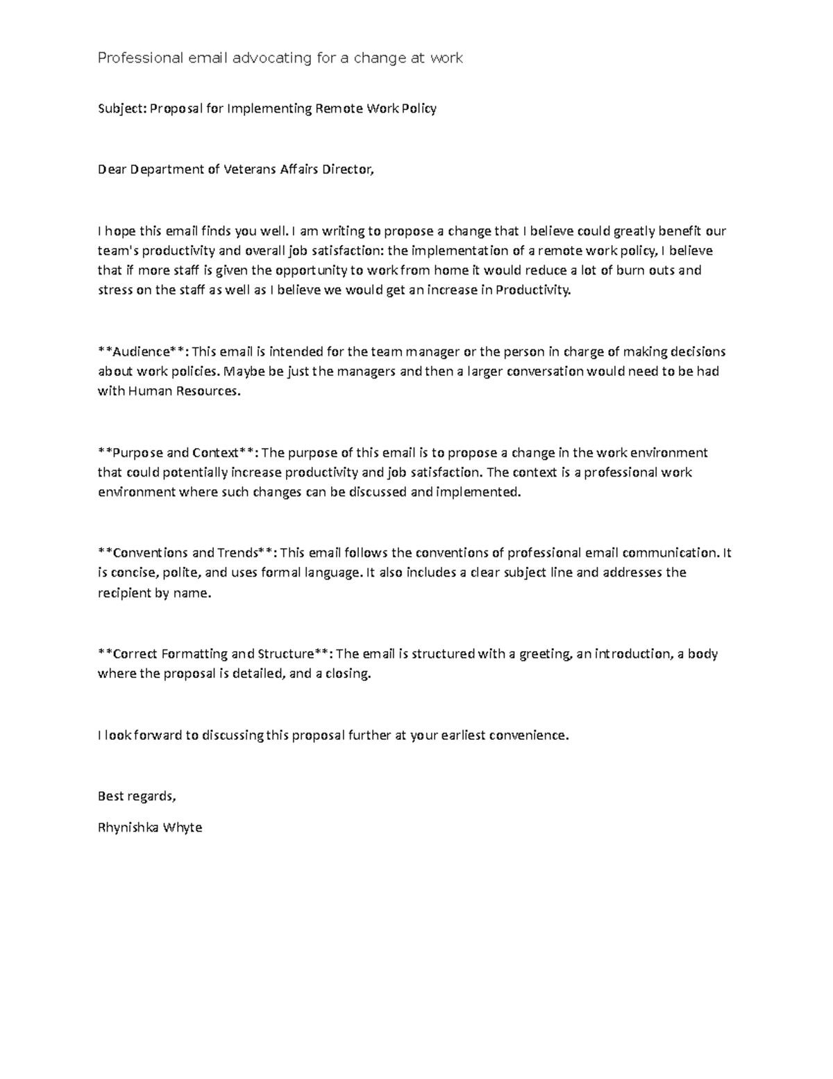 Week 5 assignment - Professional email advocating for a change at work ...