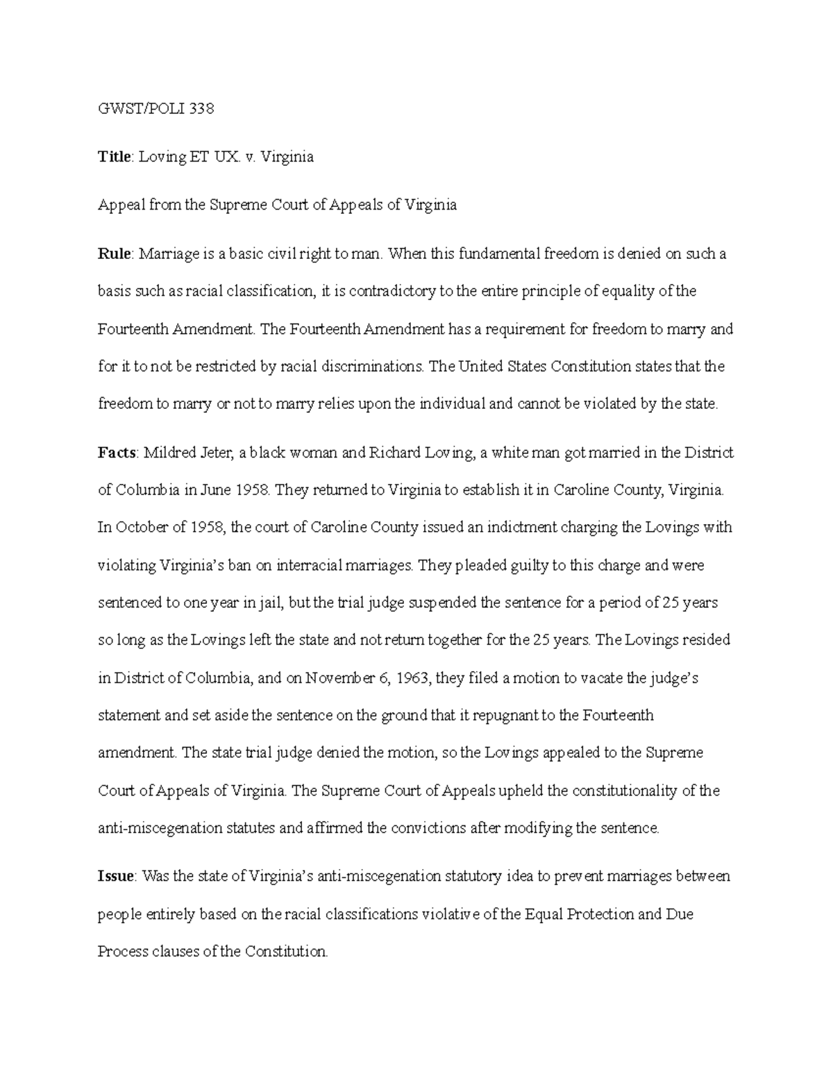 Loving v. Virginia Case brief - GWST/POLI 338 Title: Loving ET UX. v ...