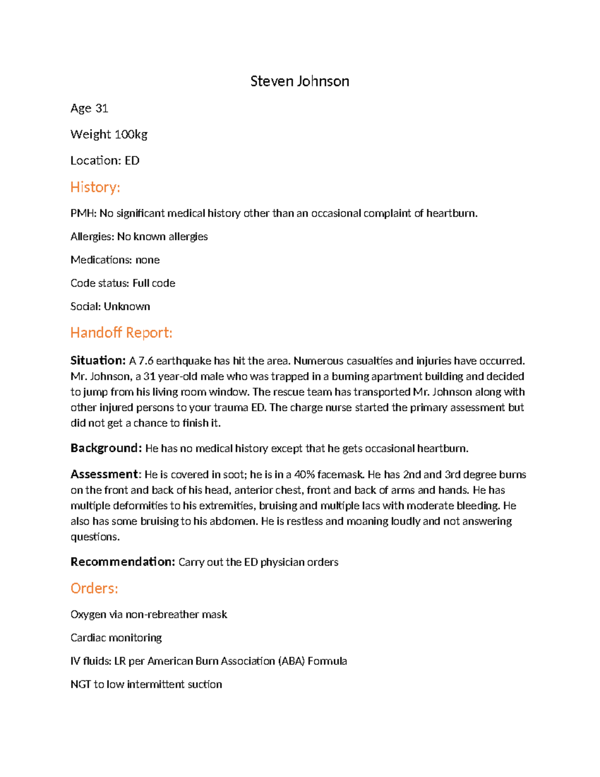 Trauma SCE - sim lab scenario - Steven Johnson Age 31 Weight 100kg ...