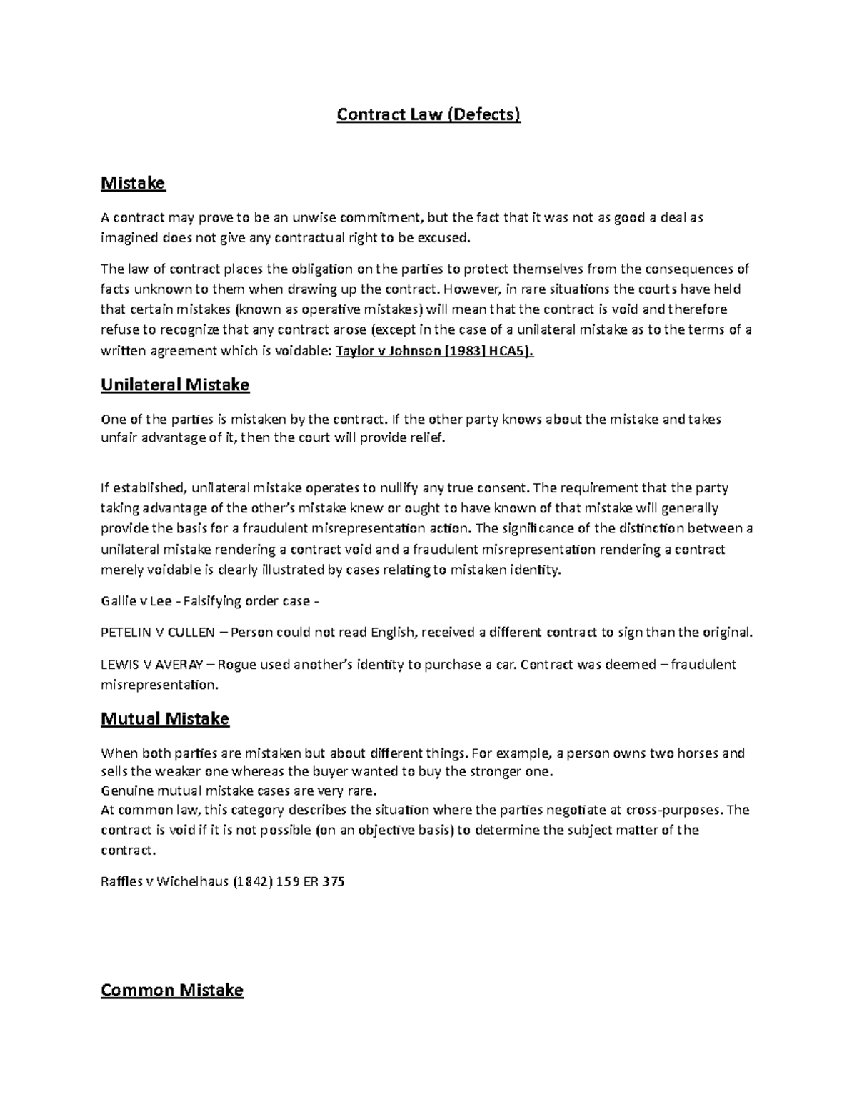 Enterprise Law Notes-Contract Law Defects - Contract Law (Defects ...