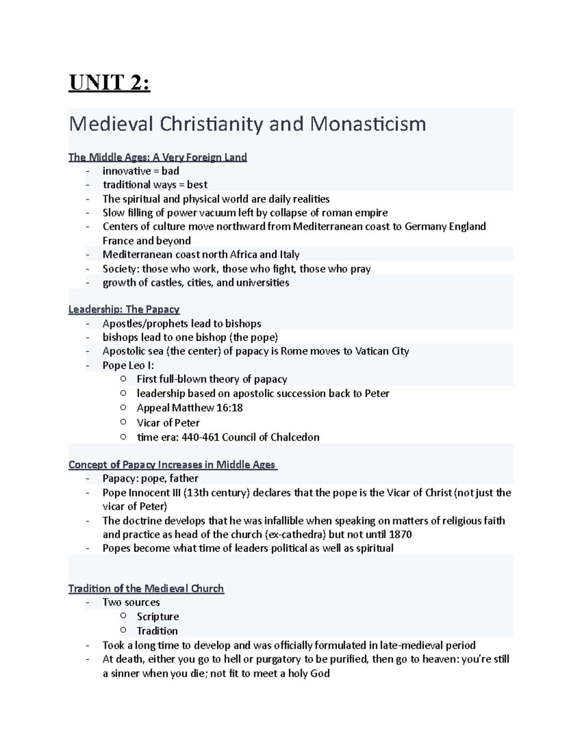 Christian Heritage Unit 2 Medieval Christianity and Monasticism - UNIT ...