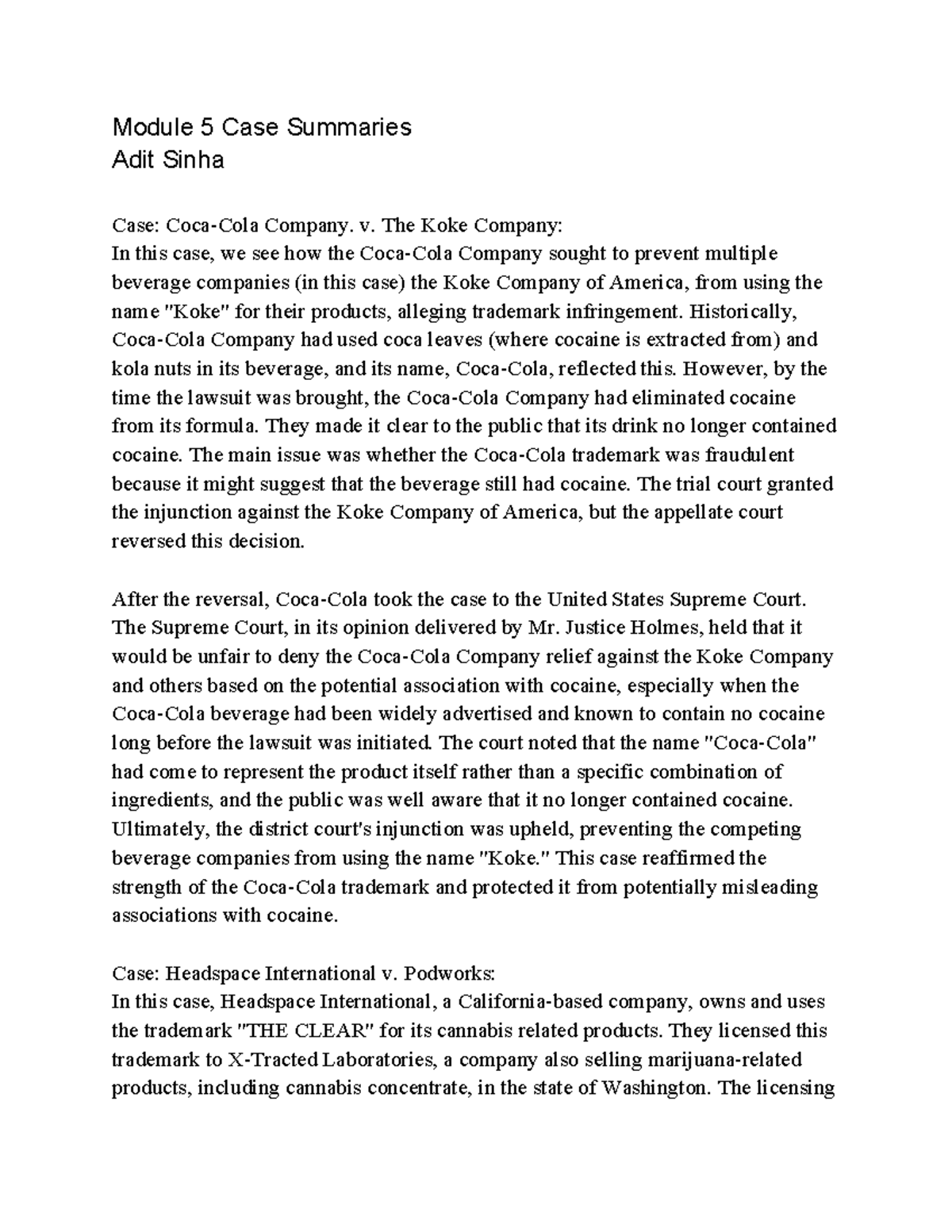 Module 5 Case Summaries - Module 5 Case Summaries Adit Sinha Case: Coca ...
