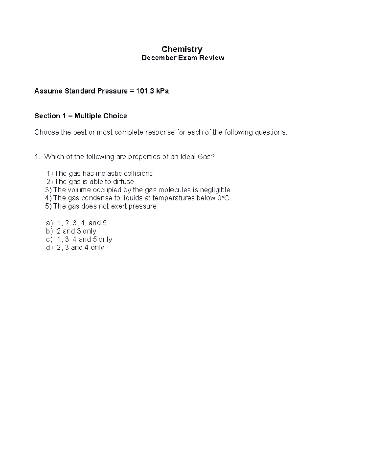 Dec 2022 review - Chemistry December Exam Review Assume Standard ...