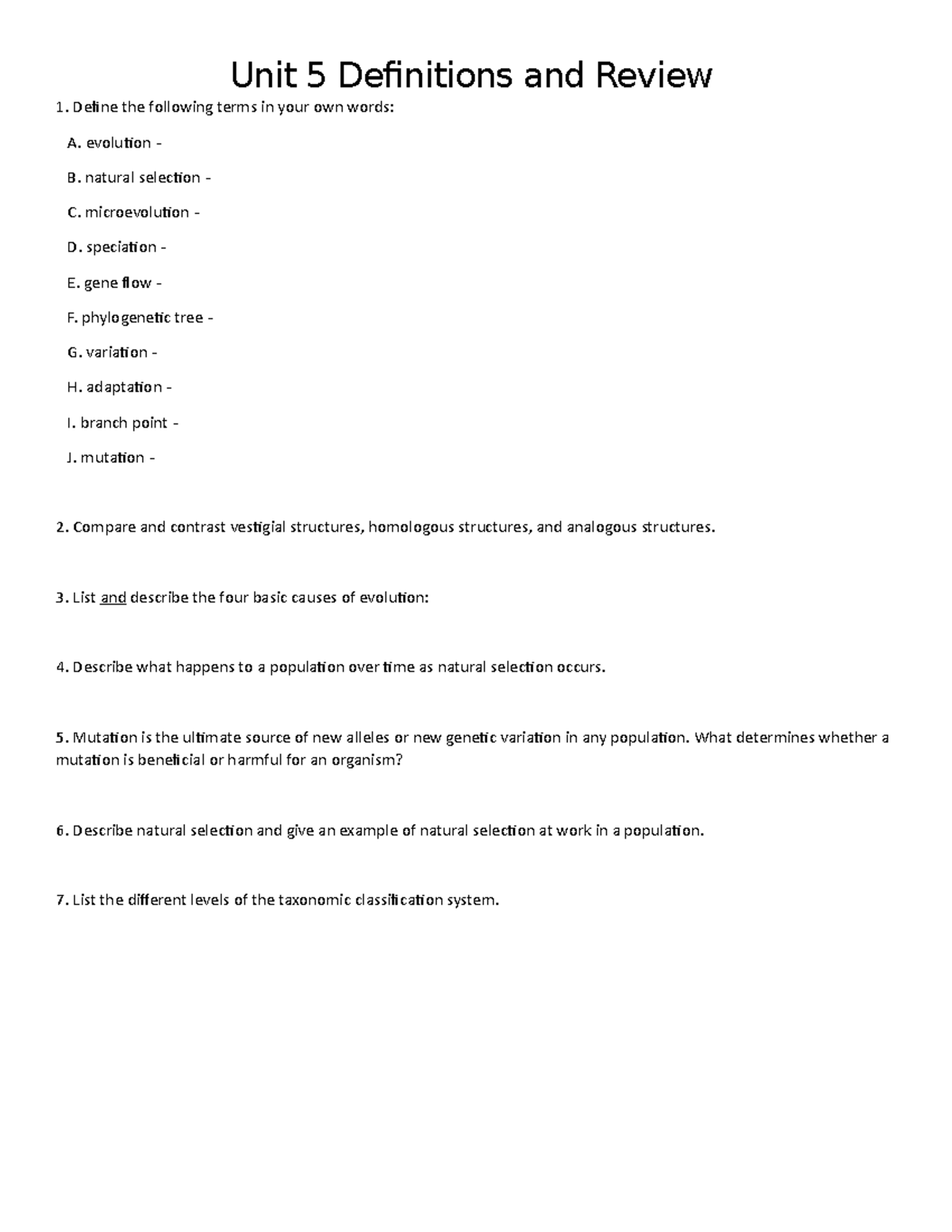 Unit 5 Definitions and Review - 1. Define the following terms in your ...