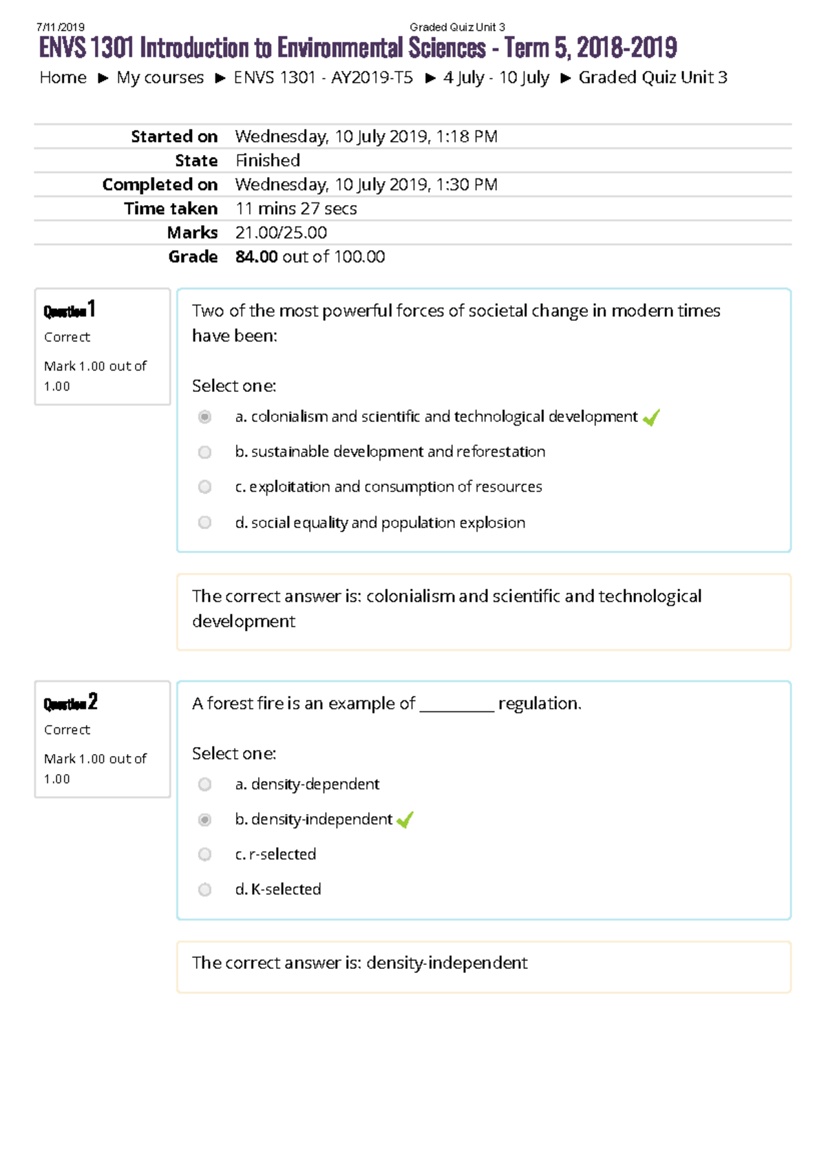 Environment science unit 7 LJ - Home My courses ENVS 1301 - AY2019-T5 4 ...