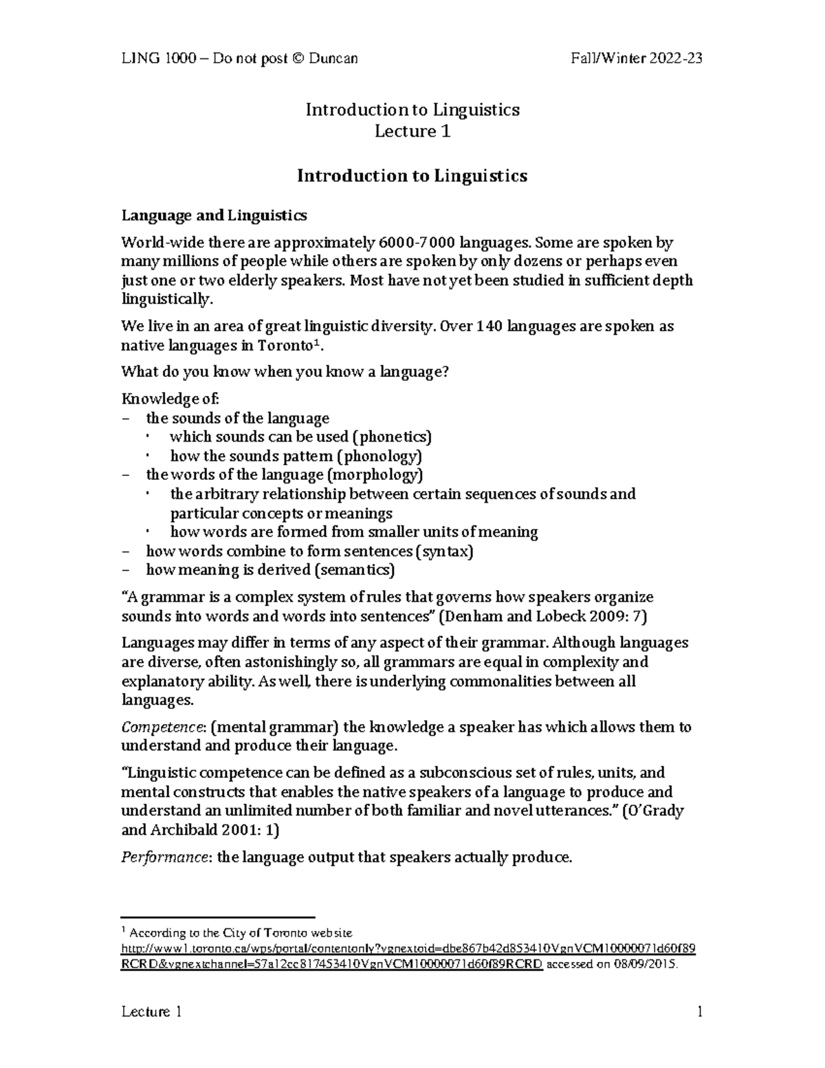 Ling 1000 Lecture 1 Handout Introduction To Linguistics Lecture 1