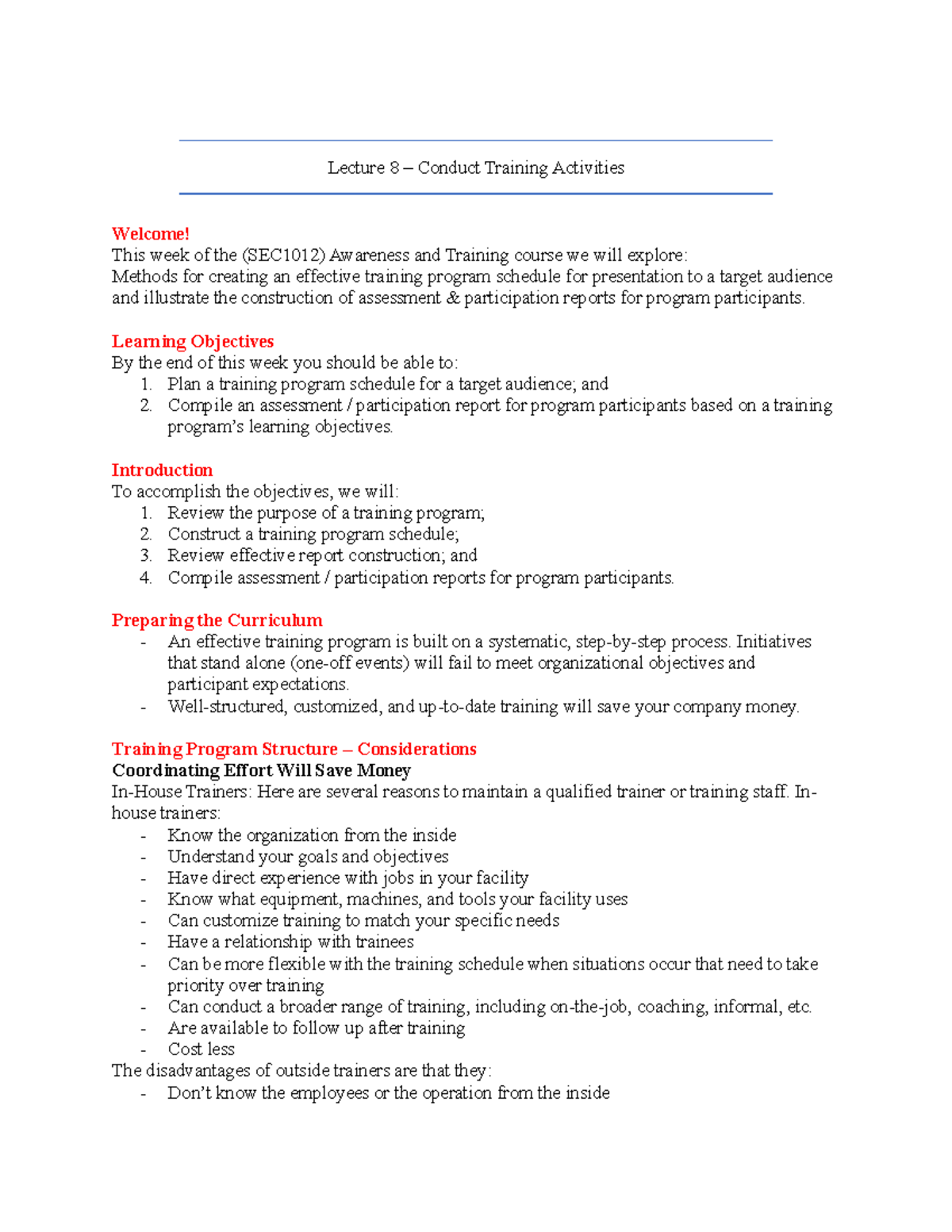 Lecture 8 - Conduct Training Activities - Lecture 8 – Conduct Training ...
