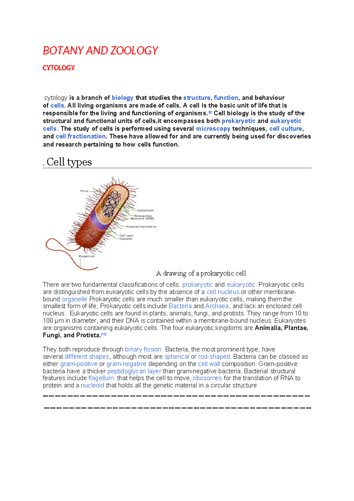 Cytology - BOTANY AND ZOOLOGY CYTOLOGY cytology is a branch of biology ...