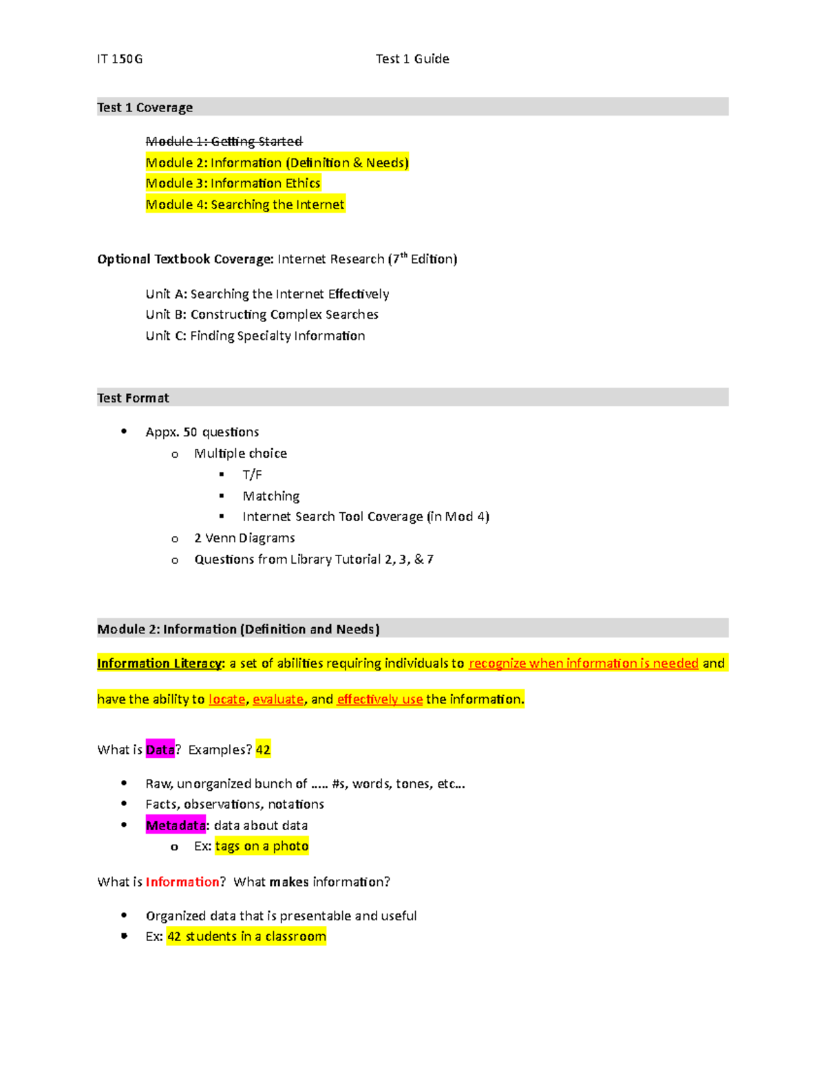 Final Exam Guide IT 150 - highlighted - Test 1 Coverage Module 1 ...