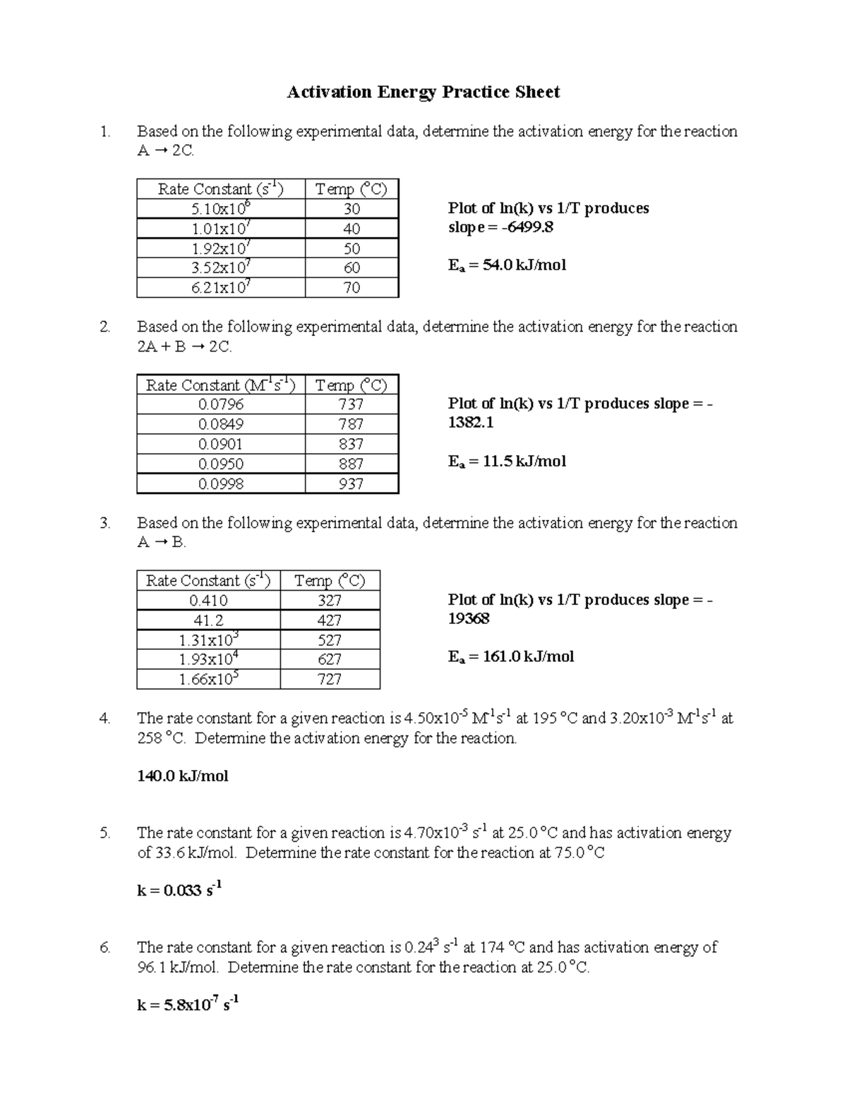 Activation Energy-Key - Activation Energy Practice Sheet Based on the ...