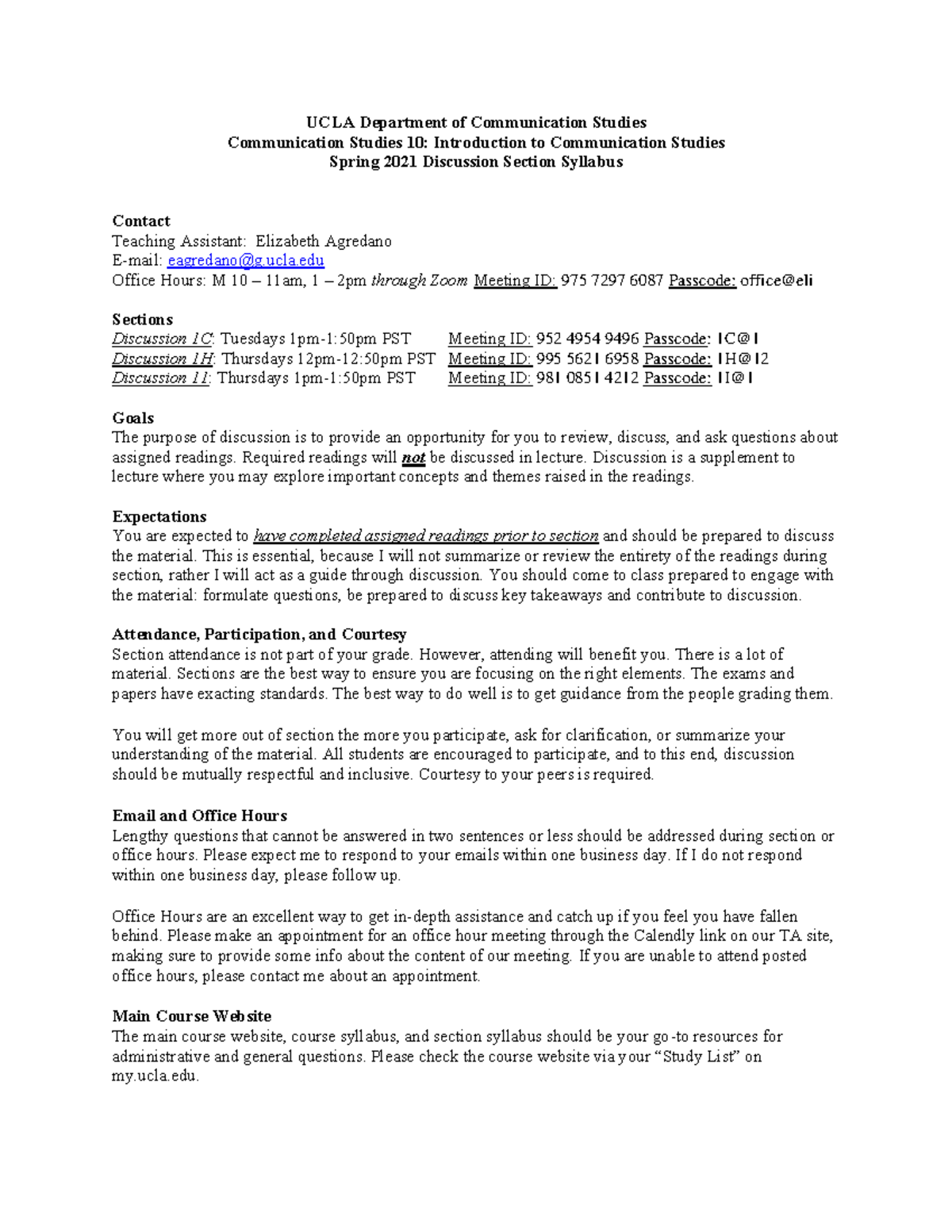 Comm 10 Section Syllabus 2021 UCLA Department Of Communication
