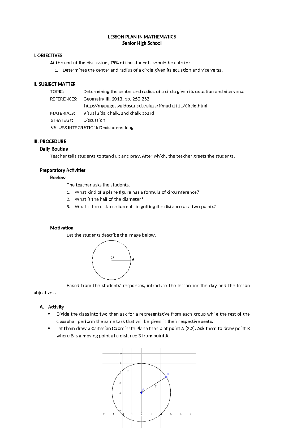 Lesson PLAN IN Mathematics Senior High S - O A LESSON PLAN IN ...