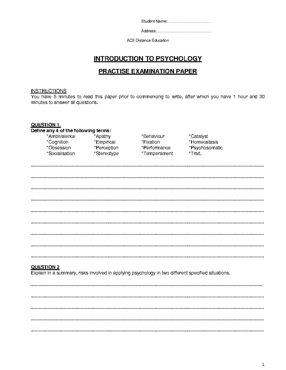 Sample/practice exam - 1 Student Name ...
