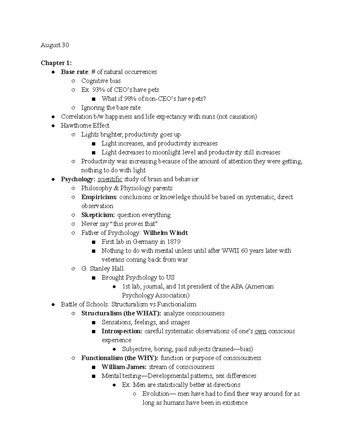 Psych Class Notes - August 30 Chapter 1: Base rate: # of natural ...