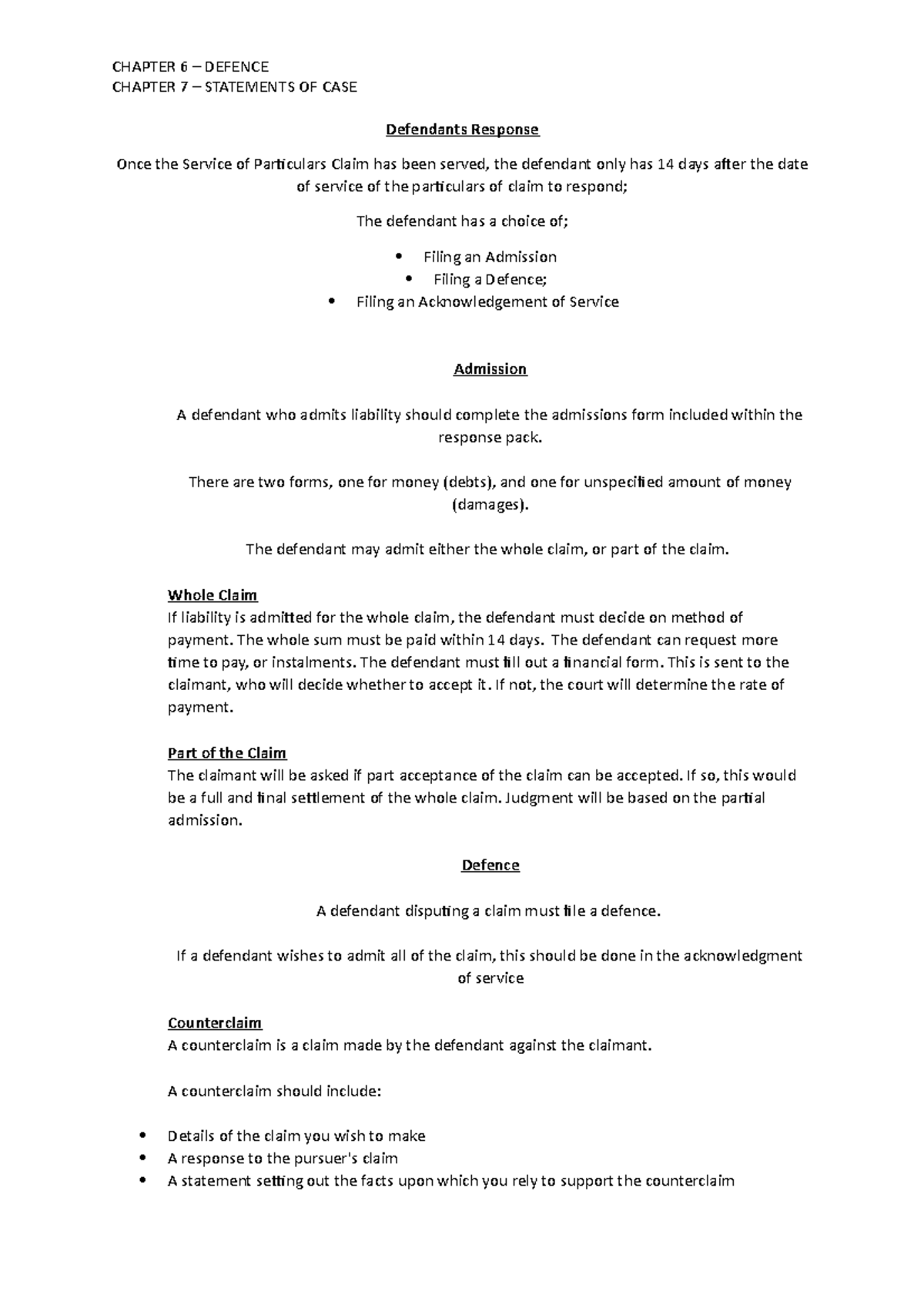 Chapter 6 and Chapter 7, Statements Defendants Response - CHAPTER 6 ...