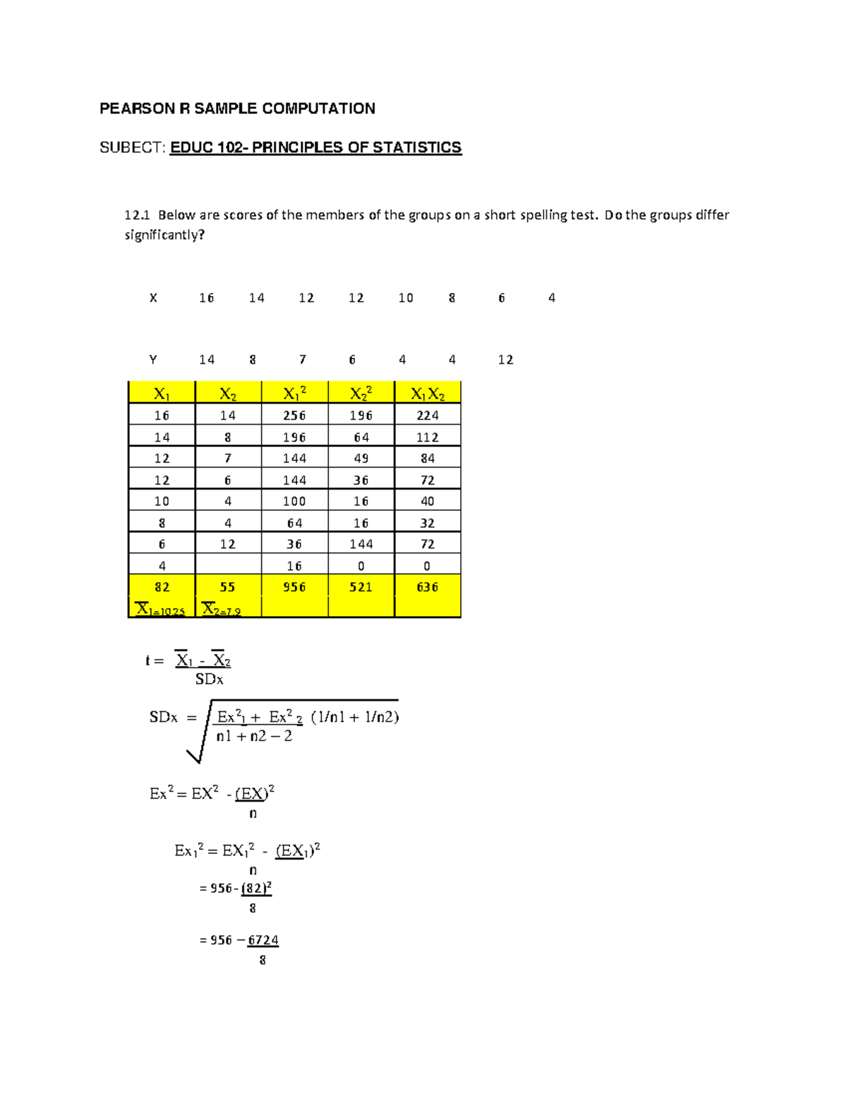 Pearson R Sample Computation Pearson R Sample Computation Subect Educ 102 Principles Of