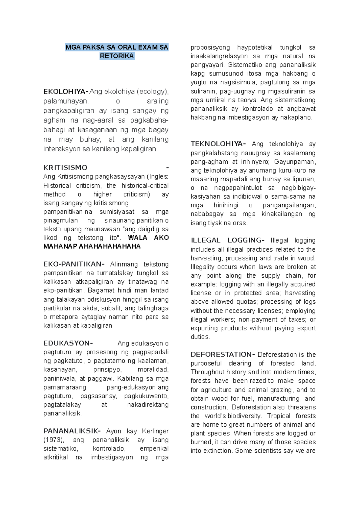 MGA Paksa SA ORAL EXAM SA Retorika - MGA PAKSA SA ORAL EXAM SA RETORIKA ...