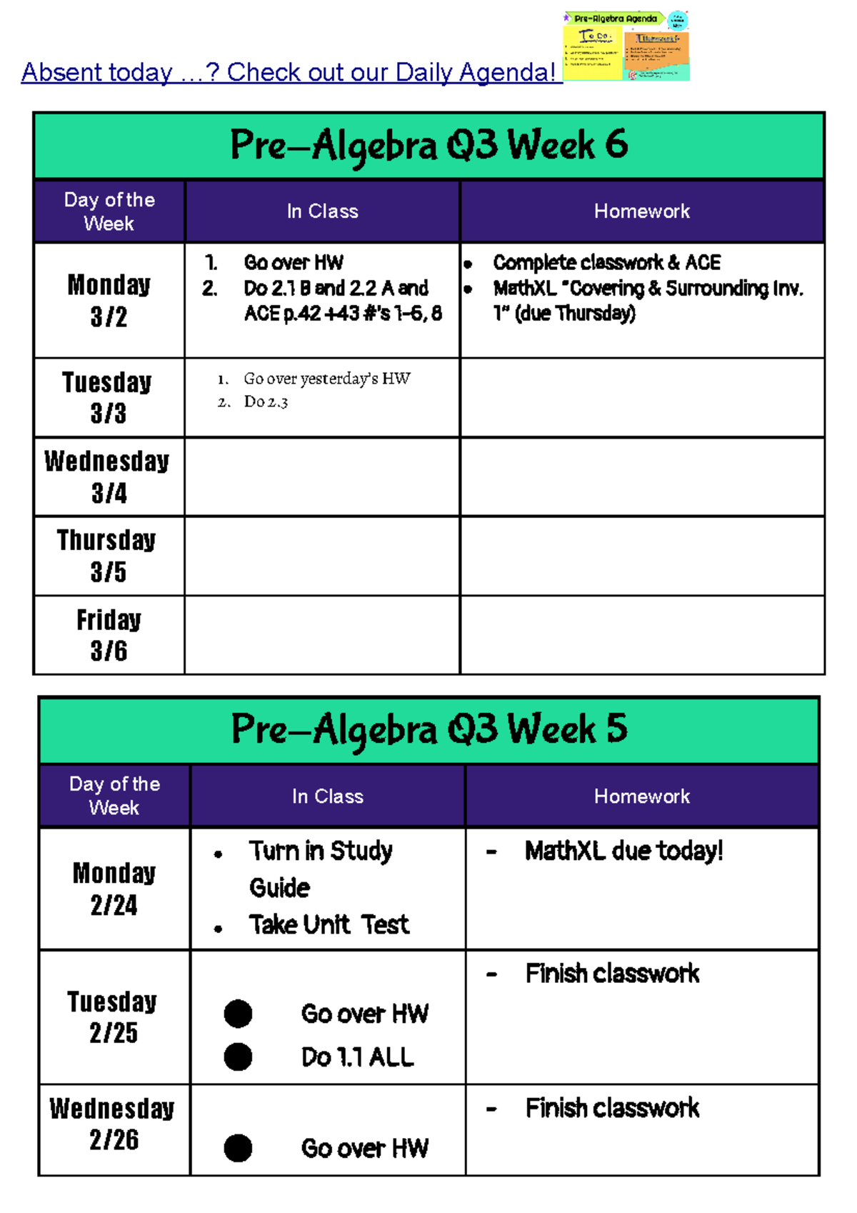 Pre-Algebra Per. 1, 2, 3, 6 - Absent today ...? Check out our Daily ...