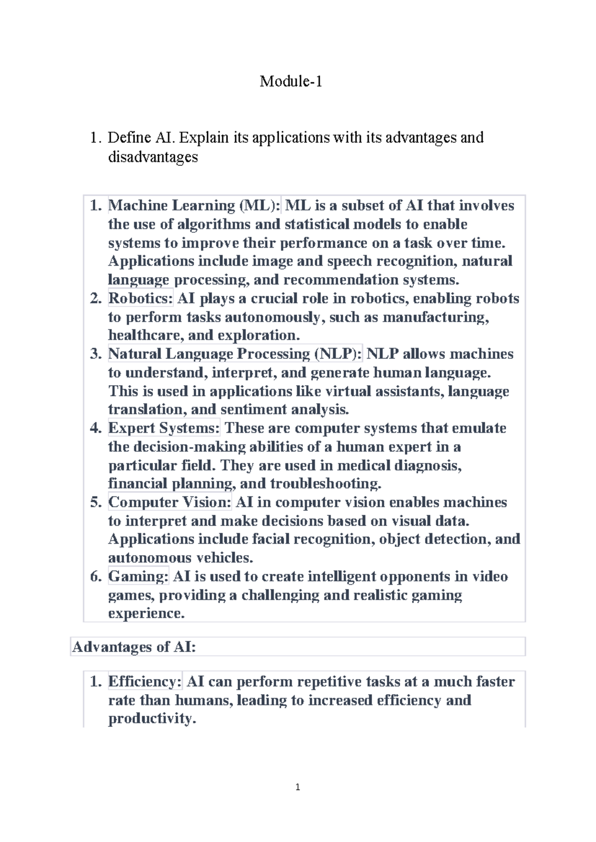 AI MOD 1 - Module- 1 Define AI. Explain its applications with its advantages and disadvantages ...
