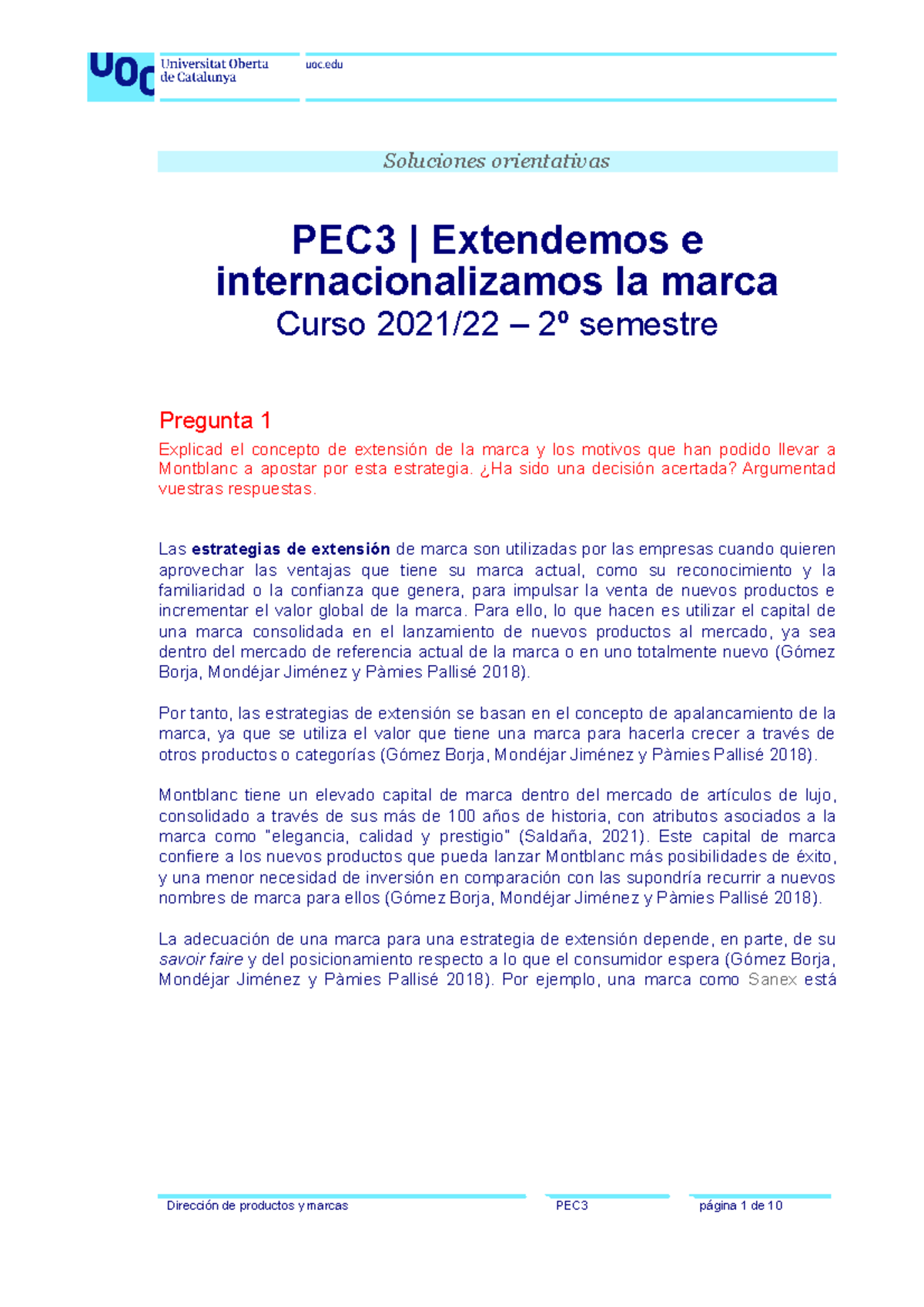 Dirección de productos y marcas Sol PEC 3 - Soluciones orientativas PEC3 | Extendemos e - Studocu