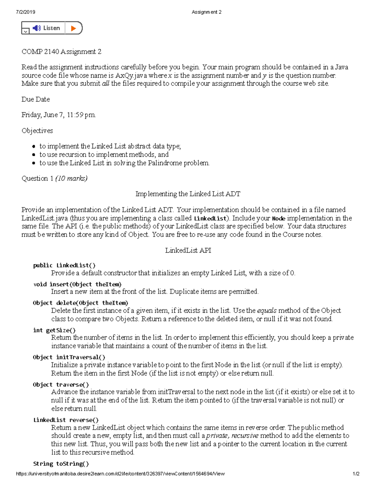 Assignment 2-summer 2019 - Assignment 2 Listen COMP 2140 Assignment 2 ...