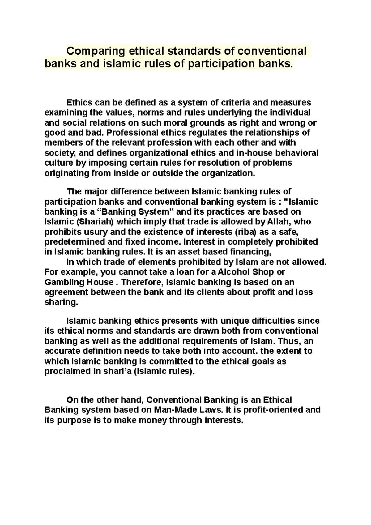 Comparing ethical standards of conventional banks and islamic - Ethics ...
