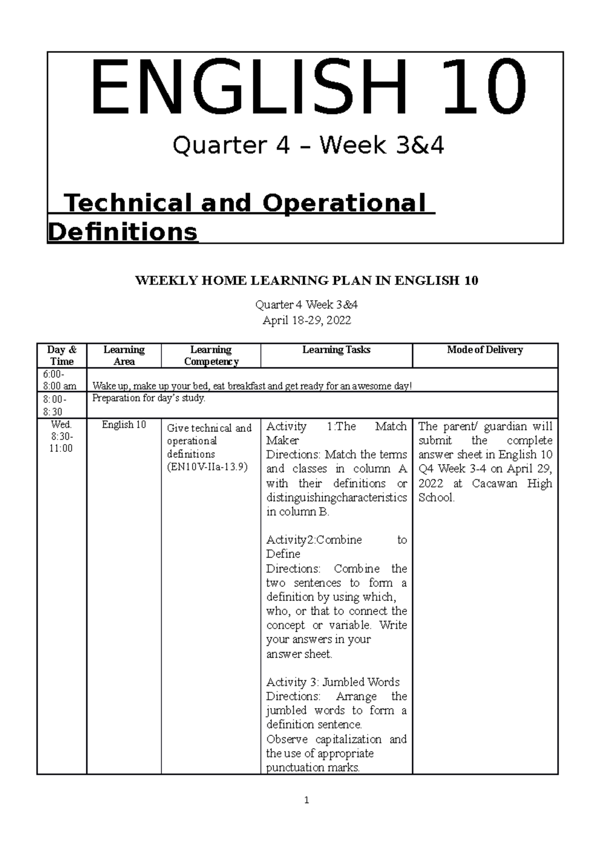 English 10 q4 w3-4 - Mam Arsenias - WEEKLY HOME LEARNING PLAN IN ENGLISH 10 Quarter 4 Week 3 ...
