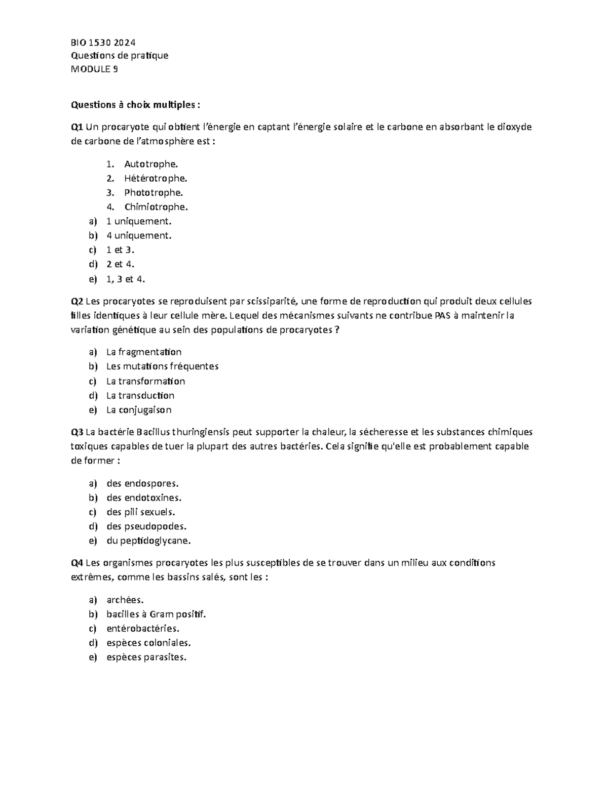Module 9 Questions de pratique - BIO 1530 2024 Questions de pratique ...