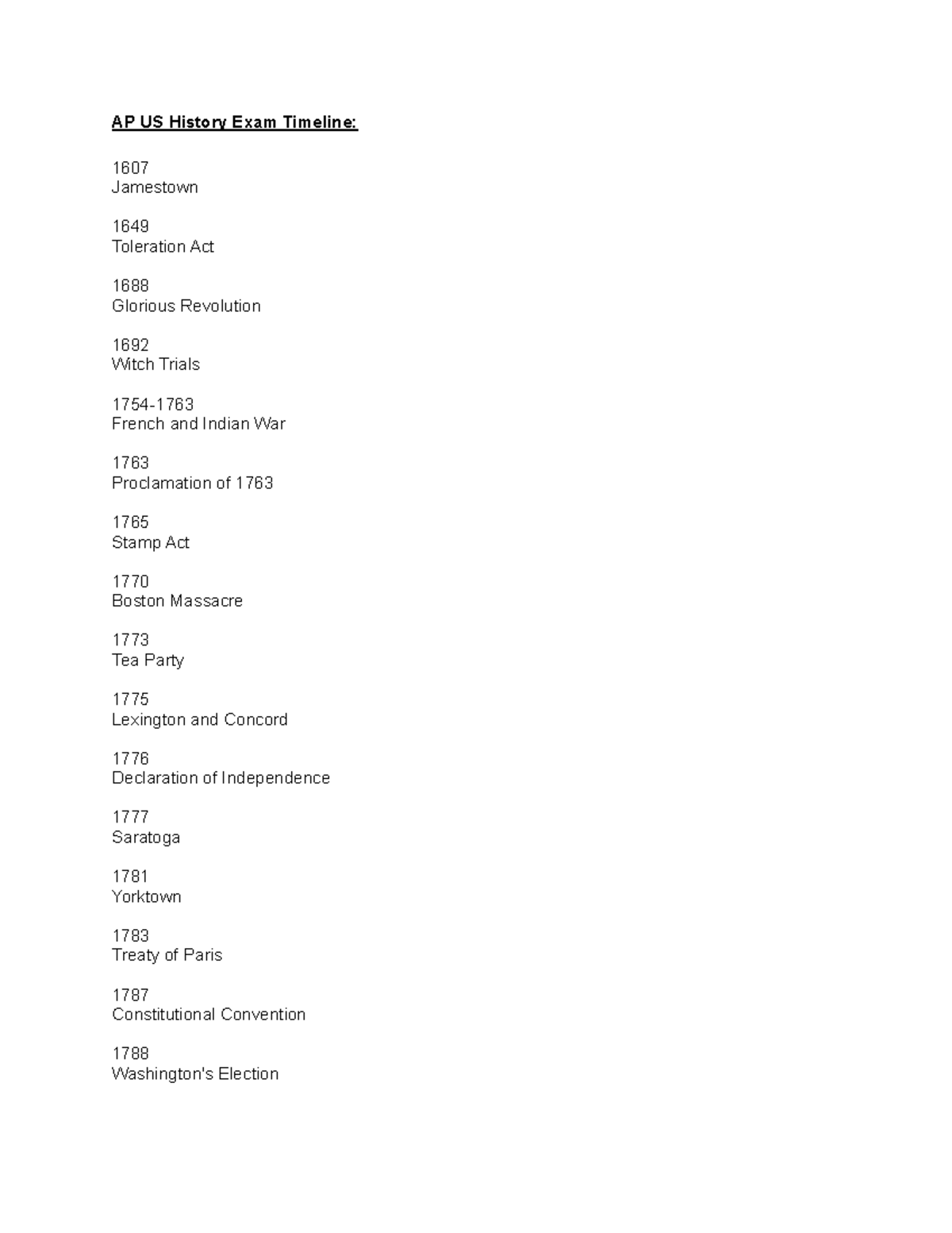 AP US History Exam Timeline - AP US History Exam Timeline: 1607 ...