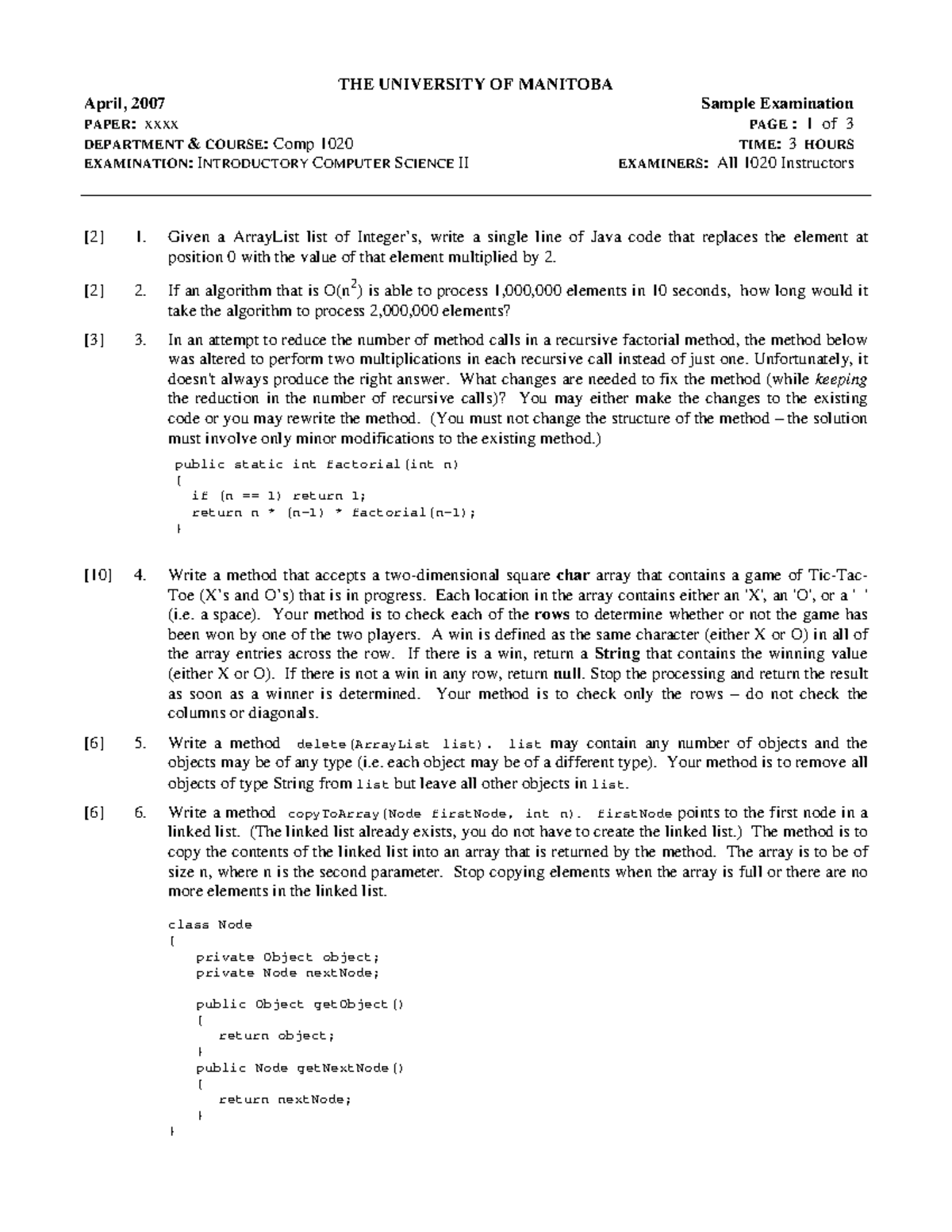 Sample Exam Questions - study notes - THE UNIVERSITY OF MANITOBA April ...